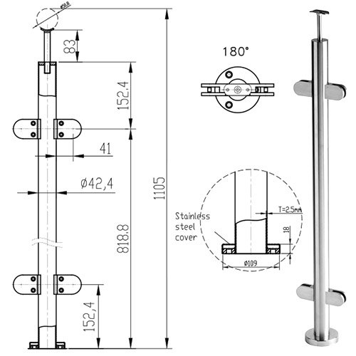 PAR 316 brushed stainless steel balustrade post - PAR Shop - Glass Fittings